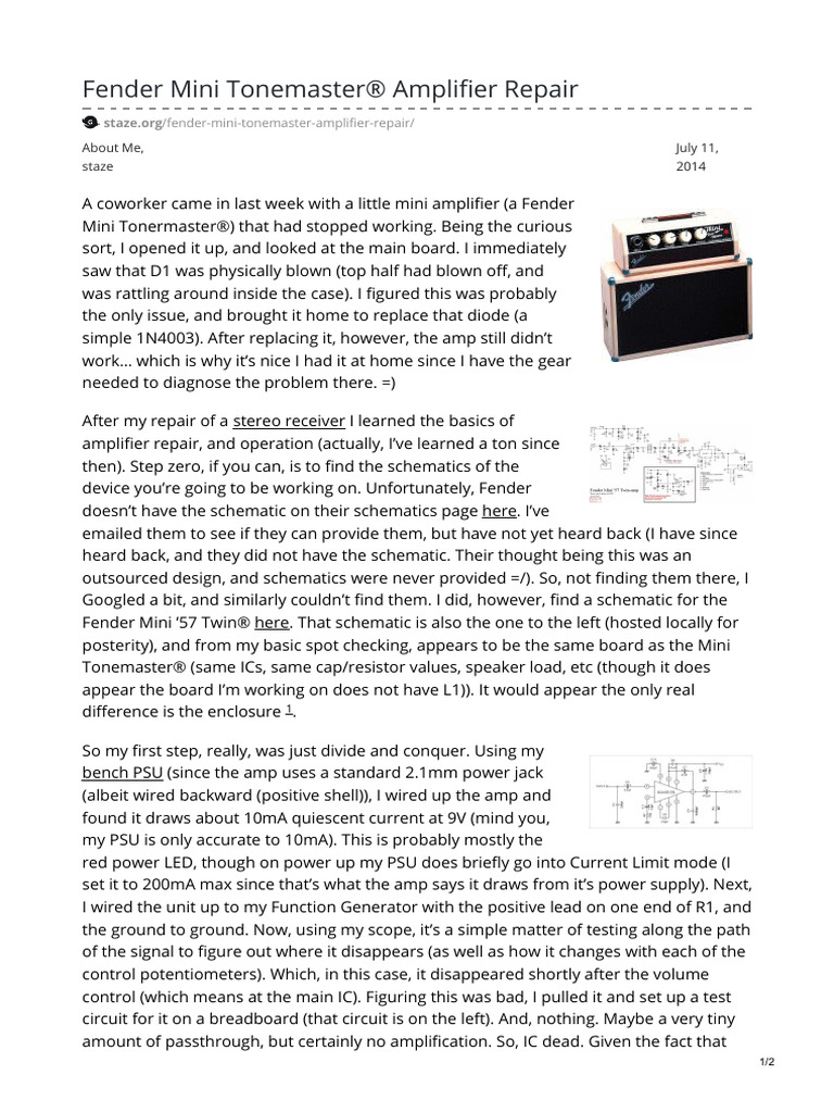 Fender Mini Tonemaster Amplifier Repair | PDF | Amplifier | Operational ...