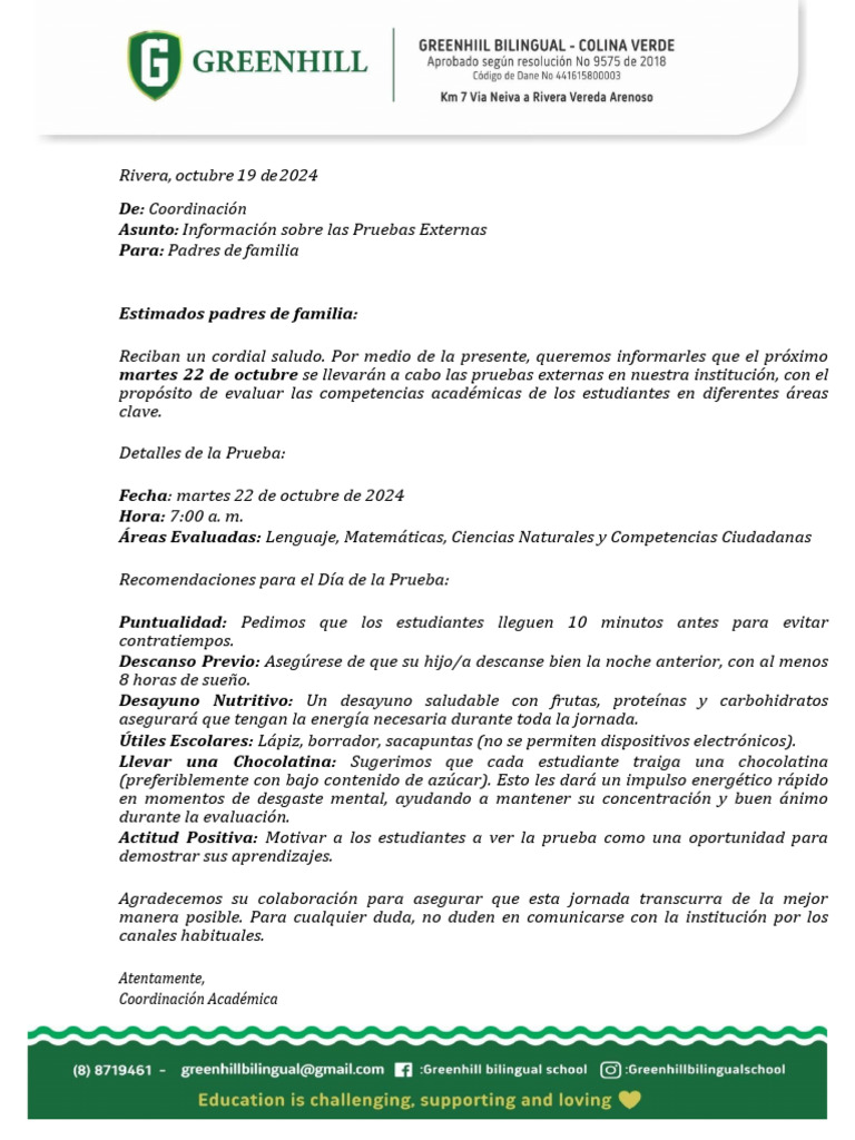 Circular Informativa Prueba Externa | PDF