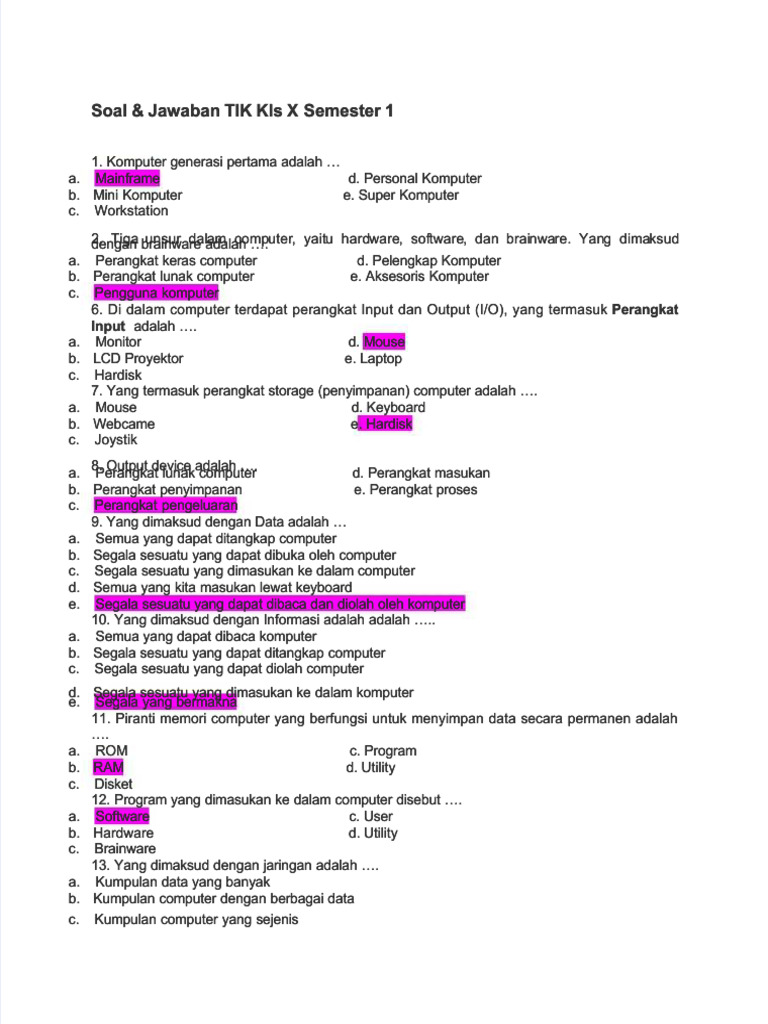 PDF Soal Tik Kelas 10 Semester 1 - Compress | PDF | Wellness