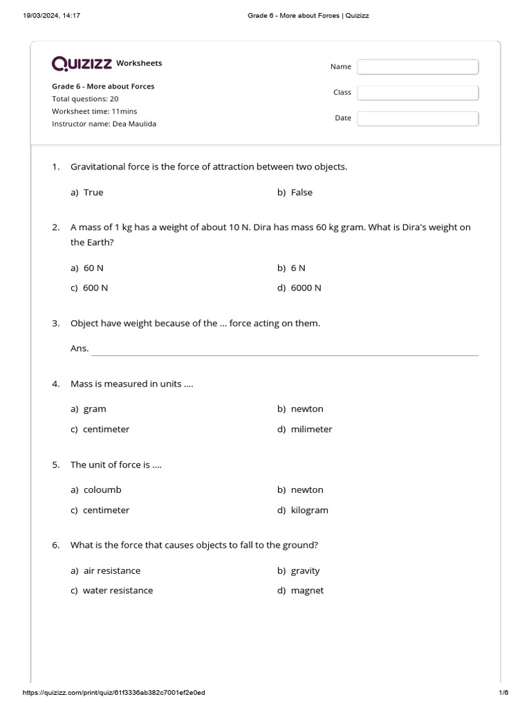 Grade 6 Forces Quiz Worksheet | PDF | Force | Weight