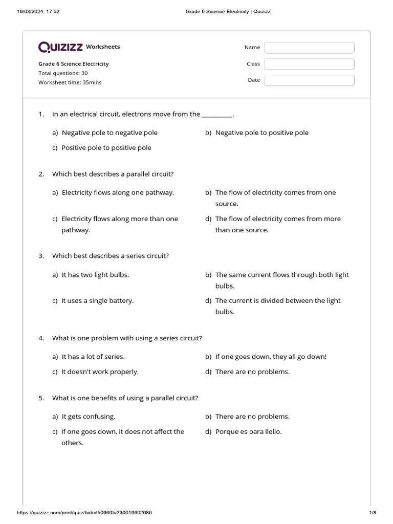 Grade 6 Electricity Quiz | PDF | Series And Parallel Circuits | Electricity