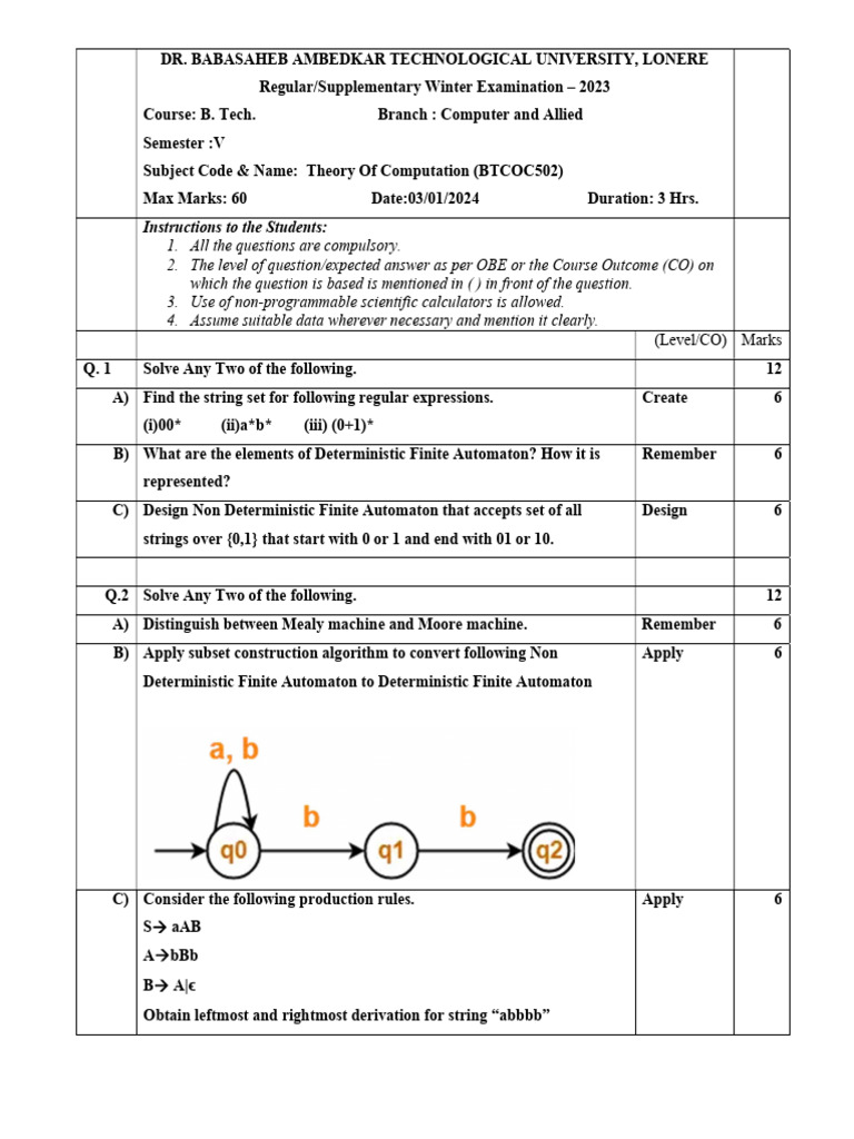 BTCOC502 Theory of Computation | PDF | Theoretical Computer Science | Theory Of Computation