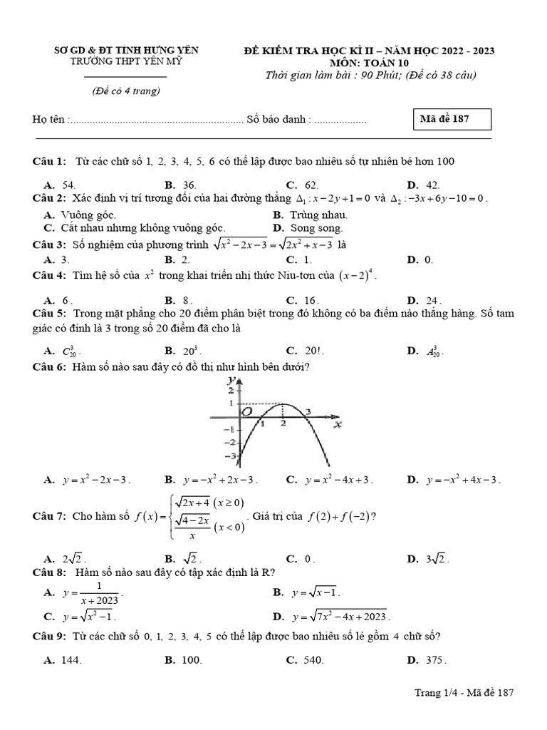 De Hoc Ki 2 Toan 10 Nam 2022 2023 Truong THPT Yen My Hung Yen | PDF