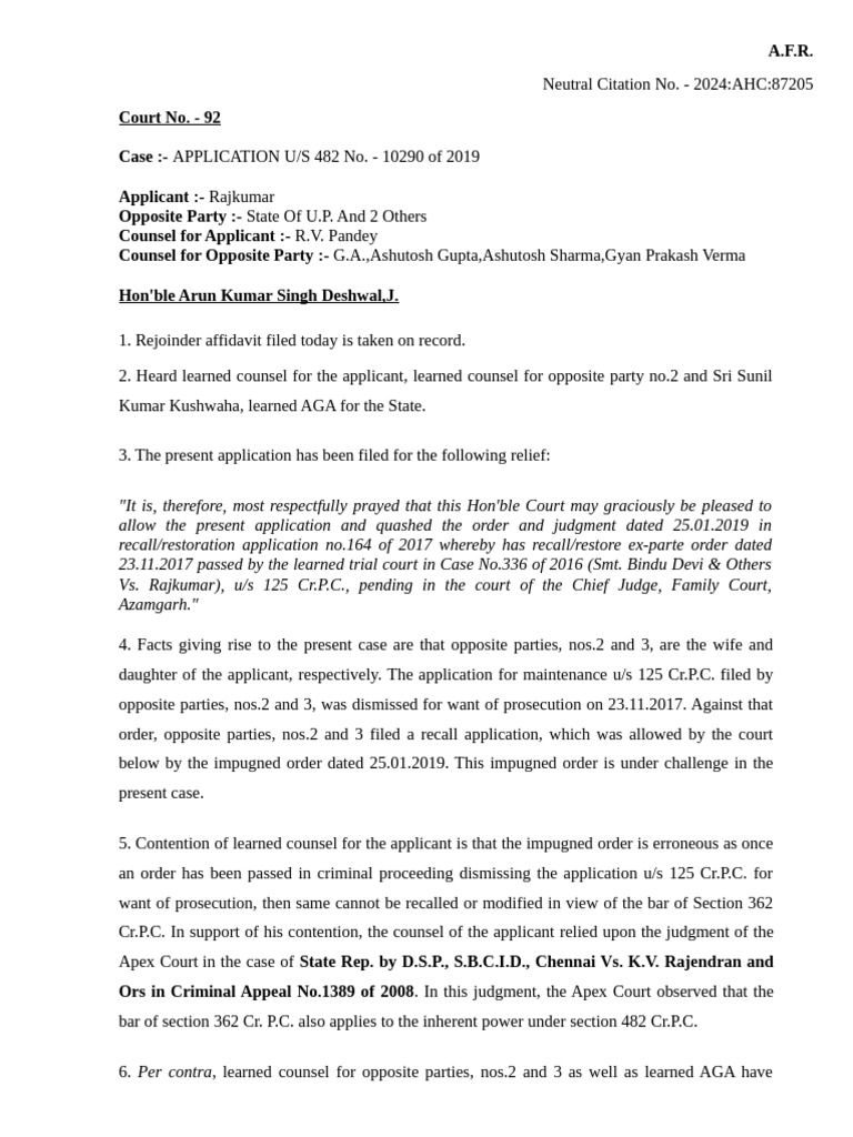 Rajkumar Vs State of Up and 2 Others 2024 Livelaw Ab 316 Application Us ...