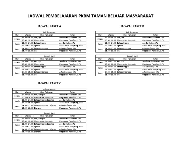 Jadwal Pembelajaran PKBM TBM PAKET A B C | PDF