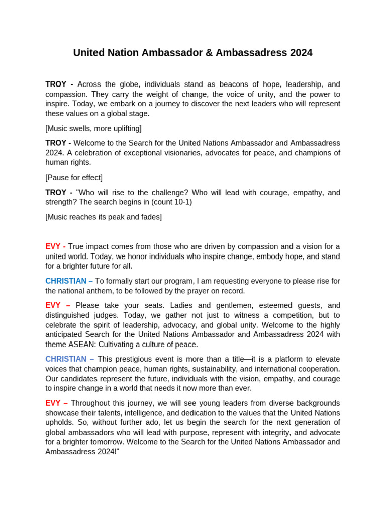 United Nation Ambassador Script | PDF | Travel | Foreign Language Studies