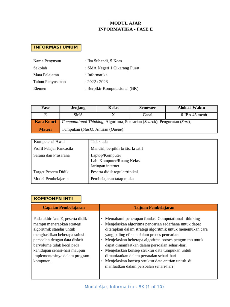 3.1.modul Ajar Informatika X-BK Okok | PDF | Karier & Perkembangan