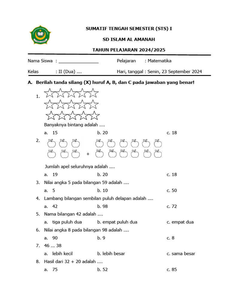 Soal MTK PTS 1 Kelas 2 2023-2024 | PDF