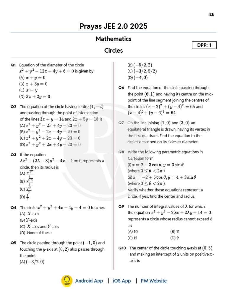 Circles DPP 01 (Of Lec 02) Prayas JEE 2.0 2025 | PDF | Circle | Equations