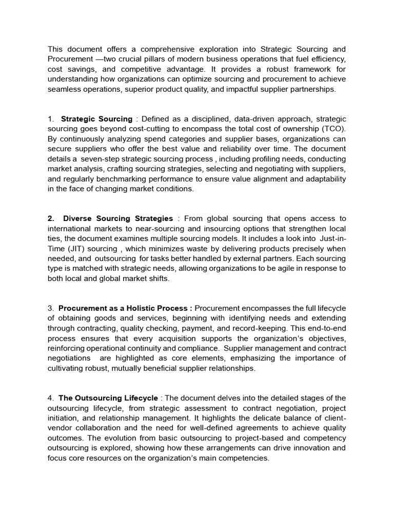 PDF Summary of Sourcing | PDF | Procurement | Supply Chain