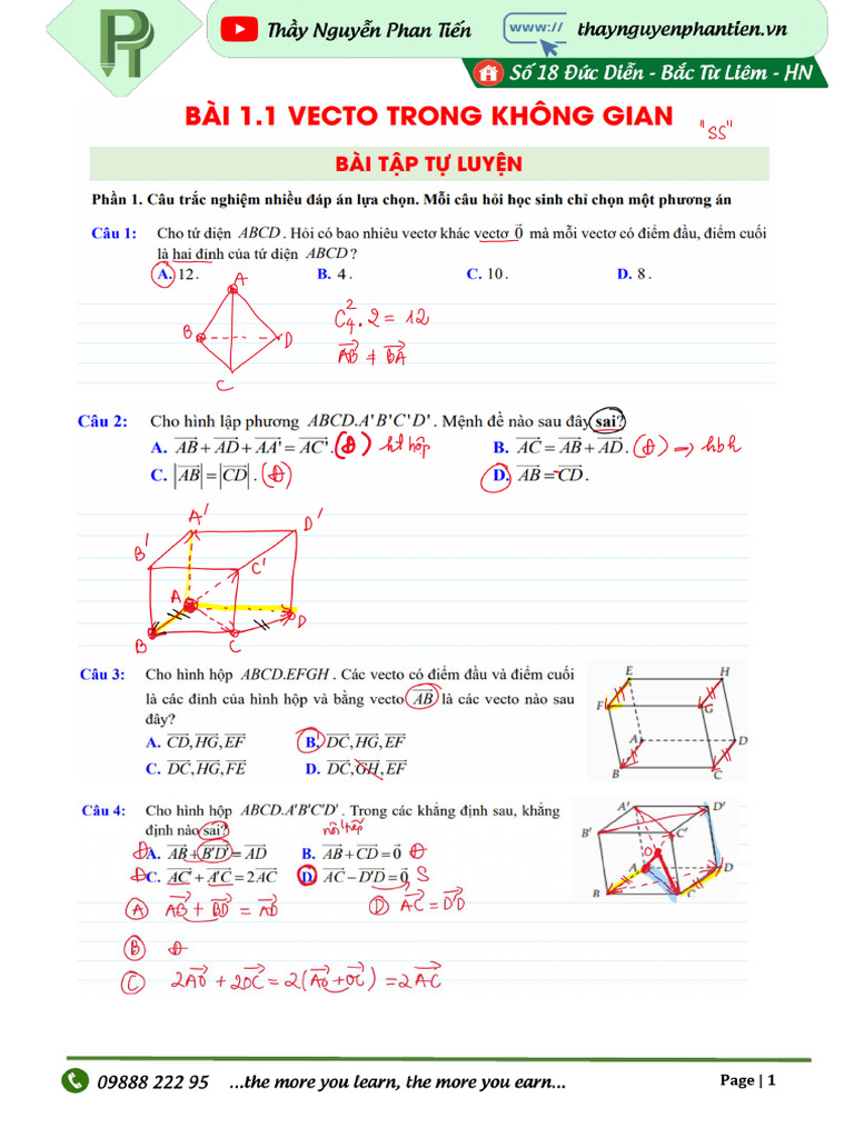 BTVN- Vecto Trong Không Gian (Lời giải + Đáp án) | PDF