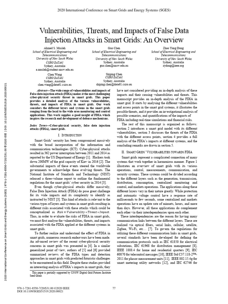 Vulnerabilities Threats and Impacts of False Data Injection Attacks in Smart Grids An Overview ...
