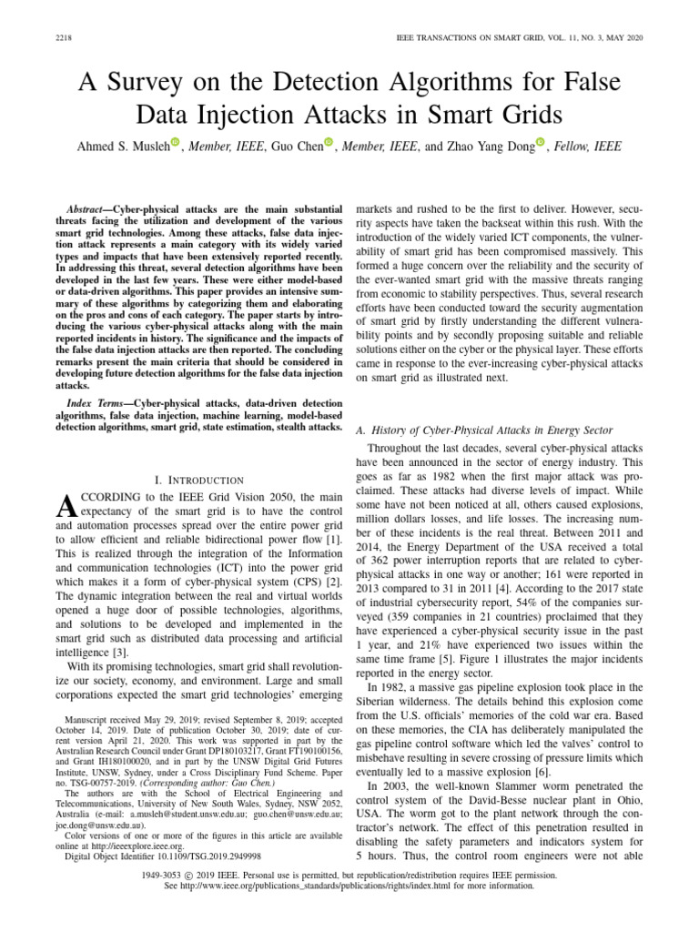 A Survey On The Detection Algorithms For False Data Injection Attacks
