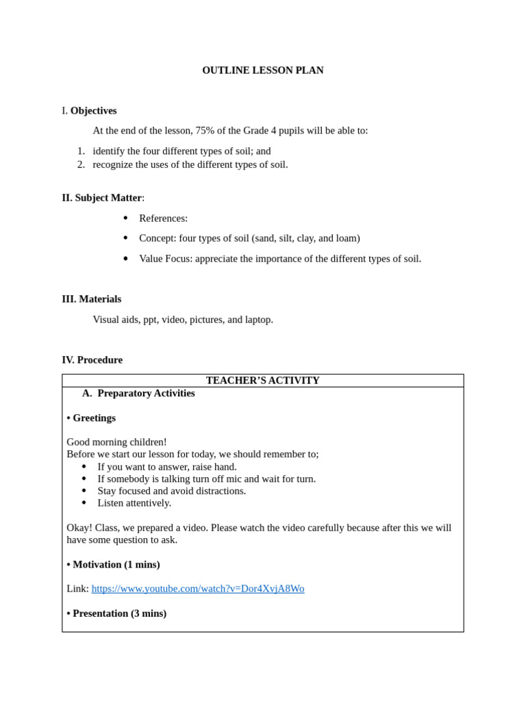 OUTLINE LESSON PLAN - 4 Types of Soil - Divinagracia E. | PDF | Loam | Soil