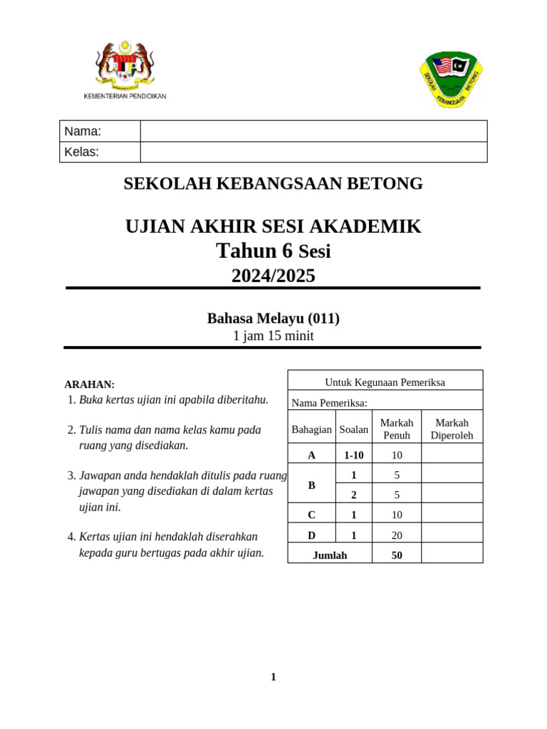 UASA BM TH 6 2024-Final Exam | PDF