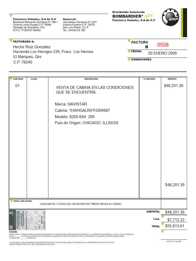 Factura de Venta Navistar 8200 6X4 | PDF