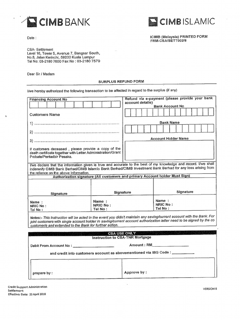 CIMB - Surplus Refund Form | PDF