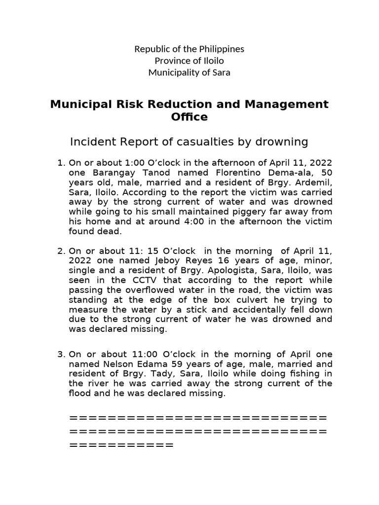 Drowning and Accident Incident Report | PDF | Natural Disasters