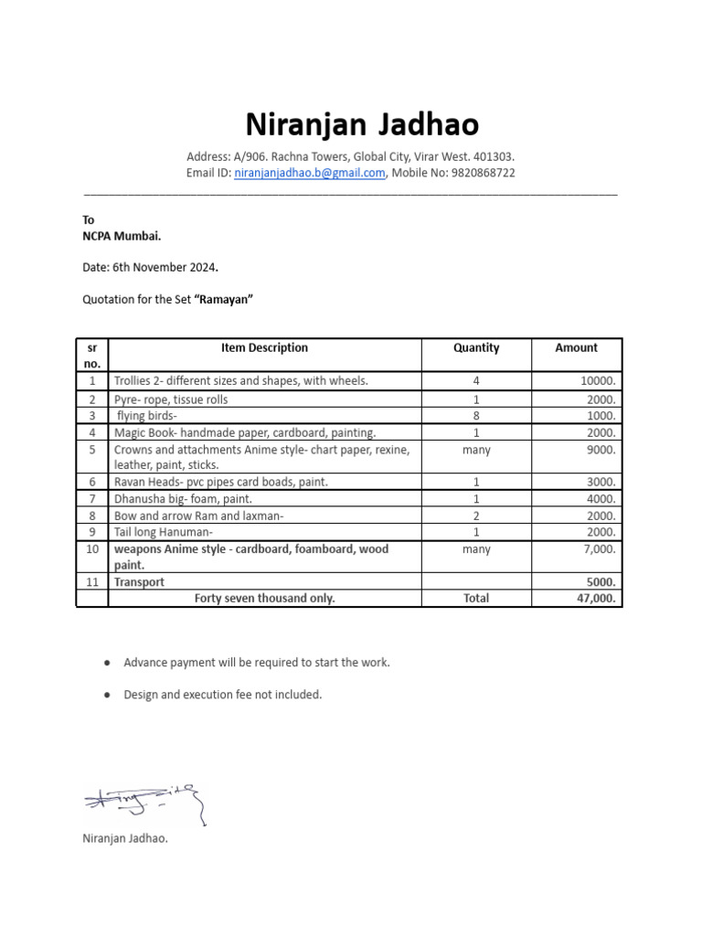 Ramayan final Set and Props quotation. NCPA | PDF