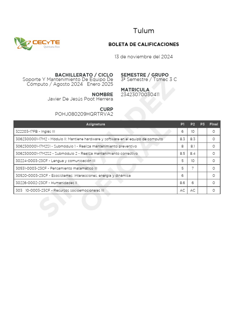 Boleta de Calificaciones Tulum 2024 | PDF