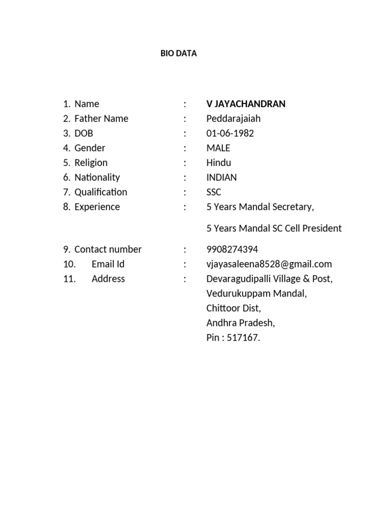 Bio Data Jayachandra | PDF | Cooking, Food & Wine | Lifestyle