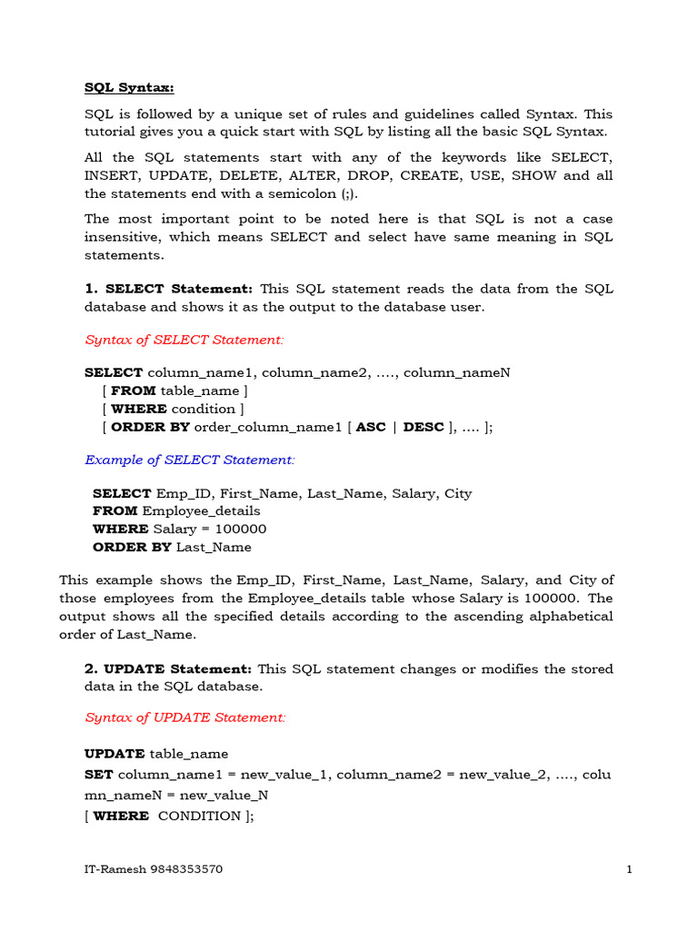 SQL Syntax Overview for DBMS | PDF | Table (Database) | Databases