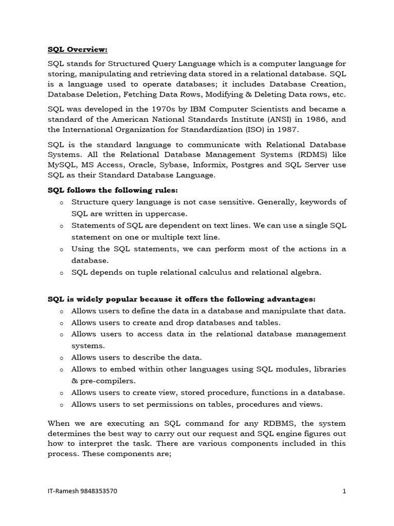 Dbms-Class-10-Sql Overview | PDF | Sql | Relational Database