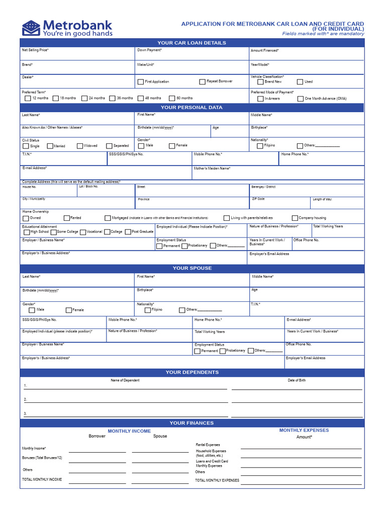 Metrobank Car Loan Application Form For Individuals | PDF | Banks ...