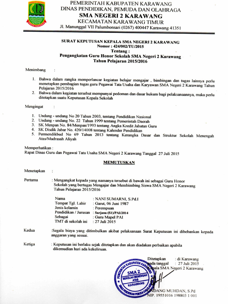 SK Pengangkatan Pertama - Nani Sumarni | PDF