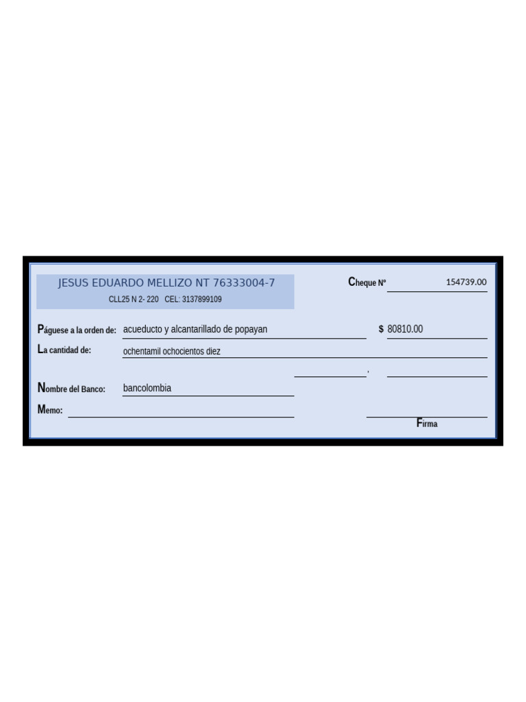 Plantilla Cheque Excel | PDF