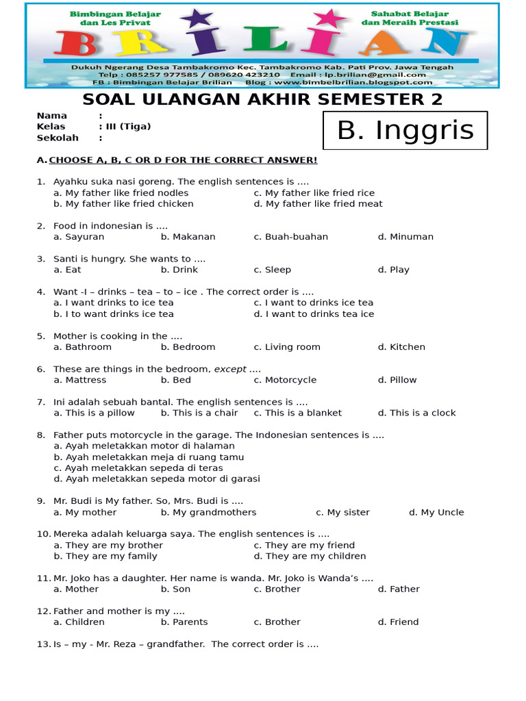 Soal UAS B. Inggris Kelas 3 SD Semester 2 | PDF | Fruit | Foods