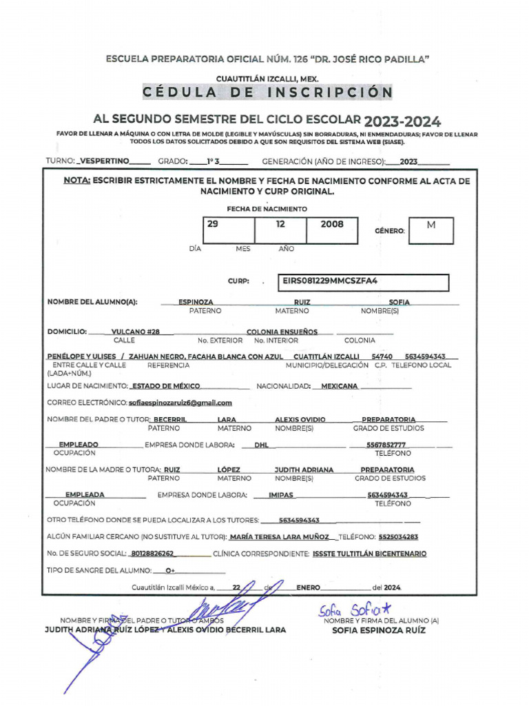 Sofia Espinoza Ruiz Cédula de Inscripción | PDF