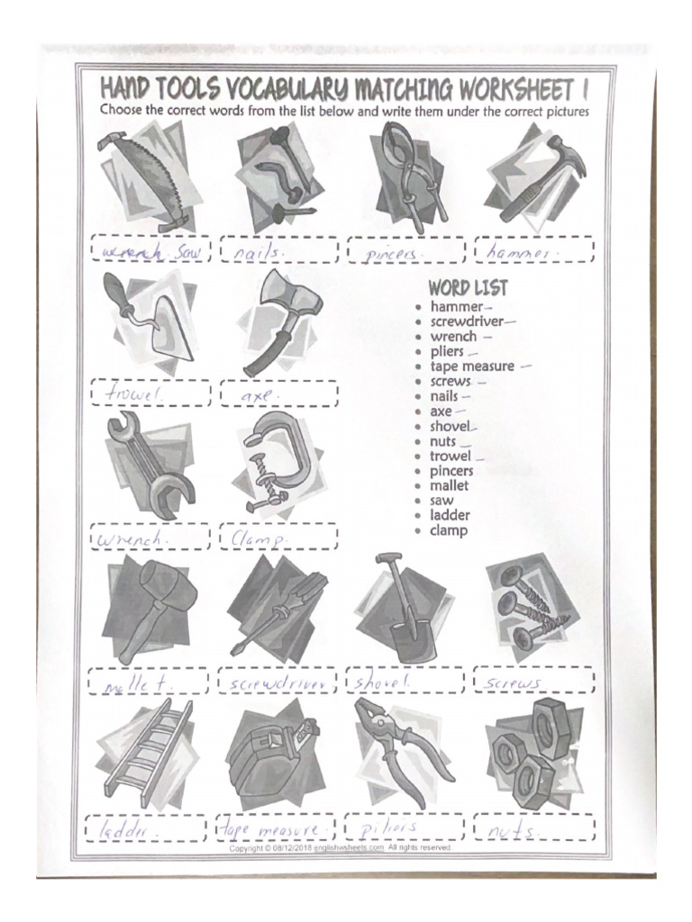 Hand Tools Vocabulary Matching Worksheet I | PDF