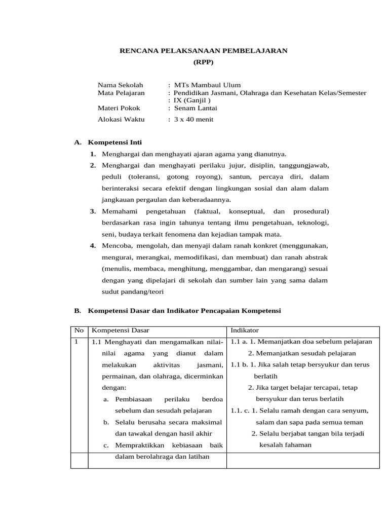 RPP Senam Lantai Ahmad Shifa An Nusa Z | PDF | Pengembangan Diri ...