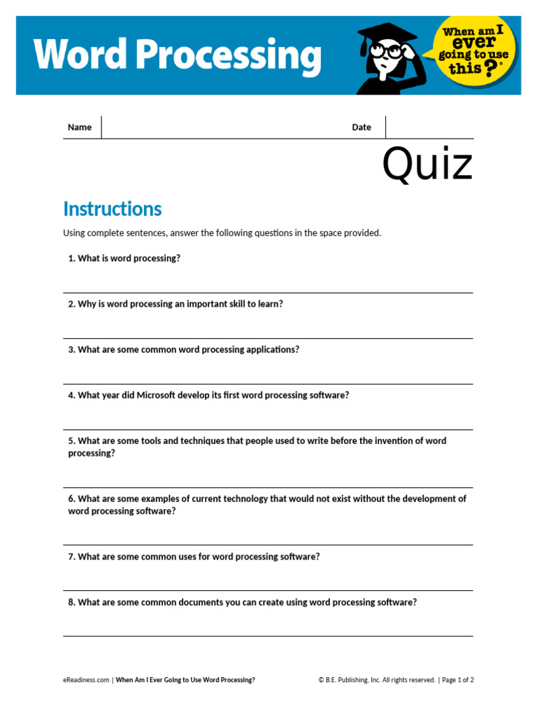 Word Processing Video Lesson Quiz | PDF