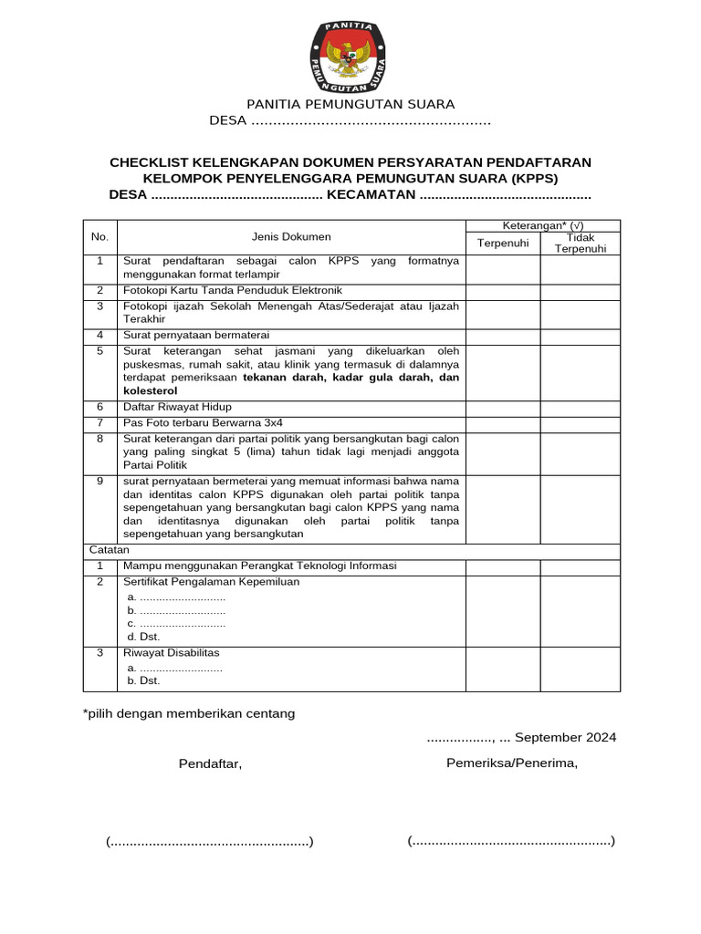 Checklist Dan Tanda Terima Dokumen Fisik Pendaftar KPPS | PDF