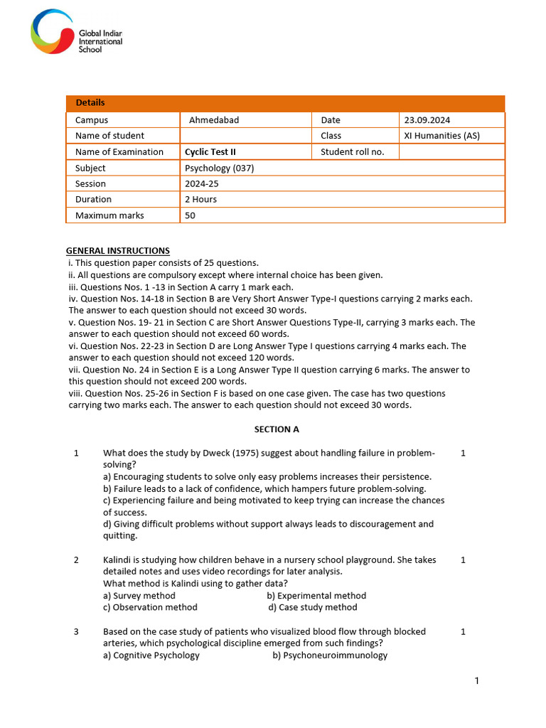 CycliC Test - Class 11 Practice Paper Psychology | PDF | Psychology | Mind