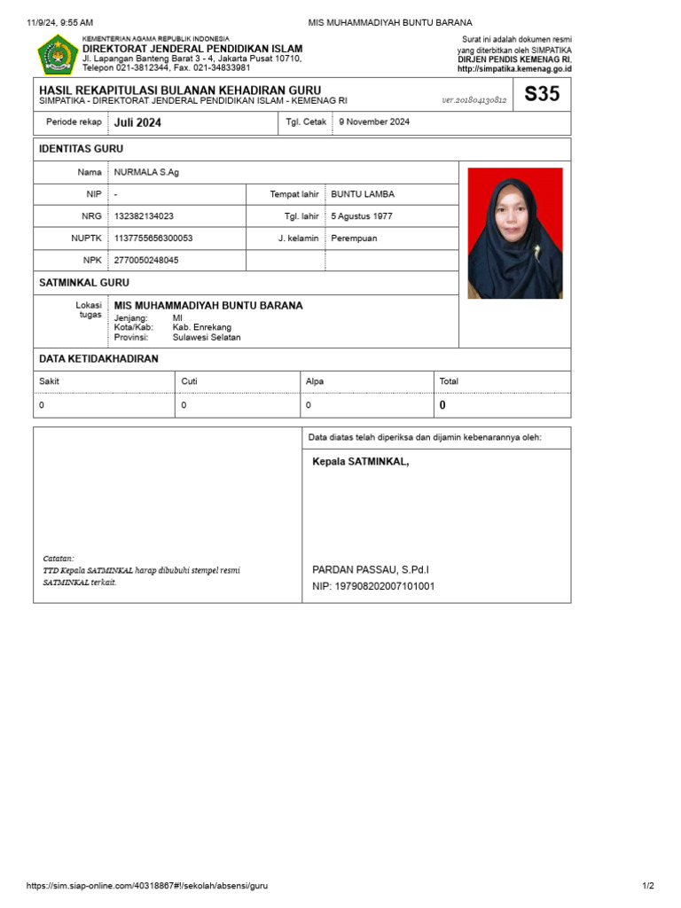 Rekap Kehadiran Guru Juli 2024 | PDF