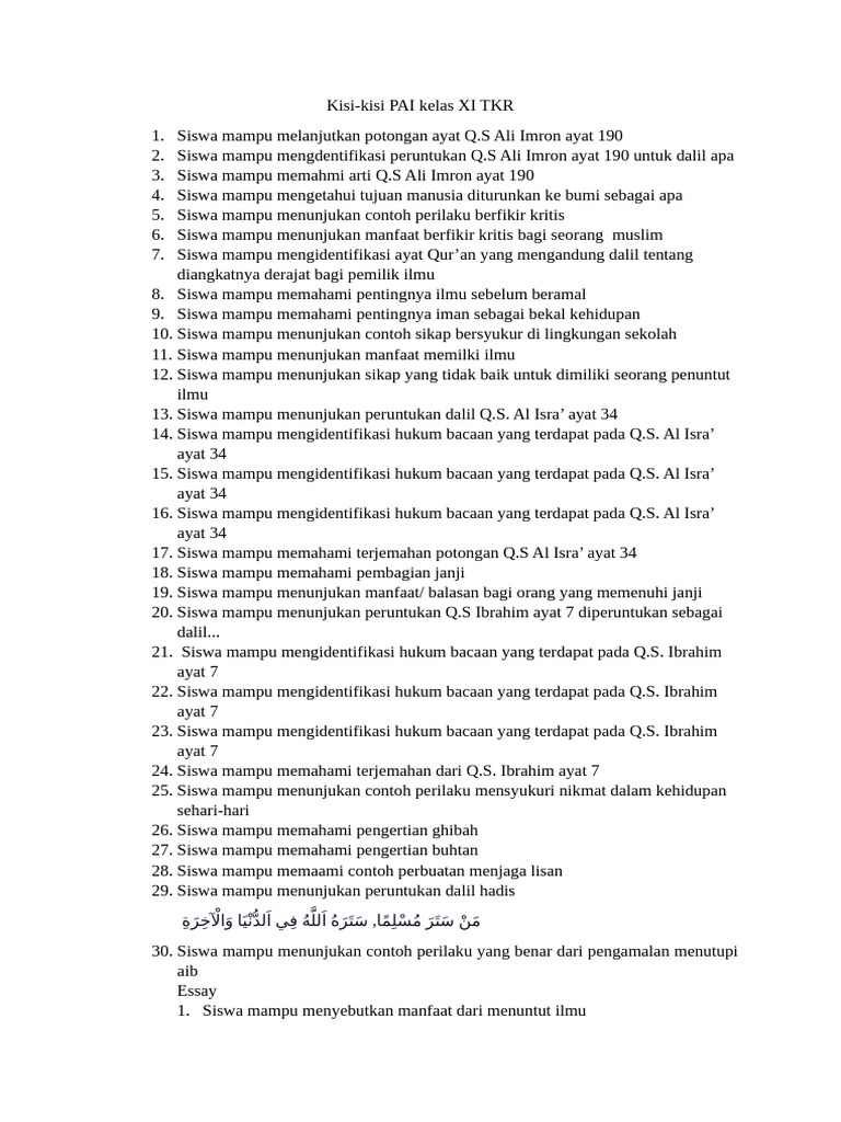 Kisi-Kisi Pai Kelas TKR Uts Sem. 1 Tahun 2024-2025 | PDF | Seni & Disiplin Bahasa | Kajian ...