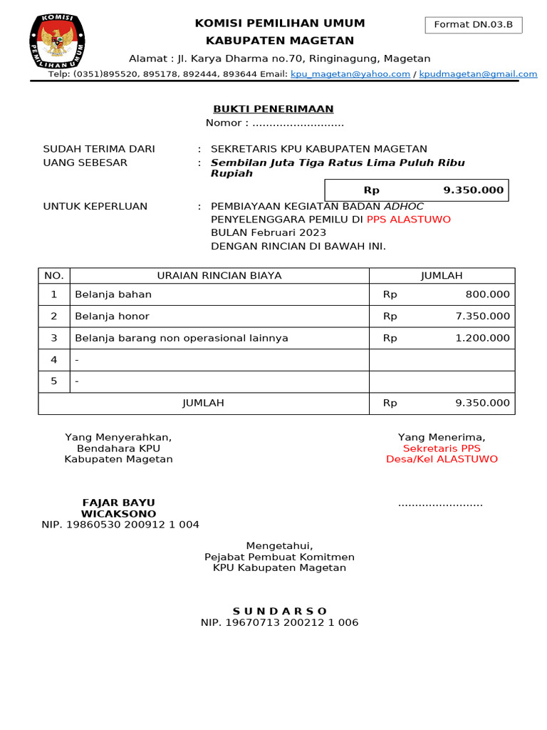 CONTOH FORM. BUKTI PENERIMAAN DN.03.B_PPS_Februari 2023 | PDF