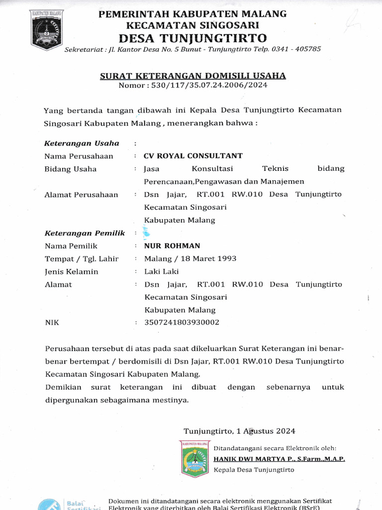 Surat Keterangan Domisili CV Royal Consultant | PDF