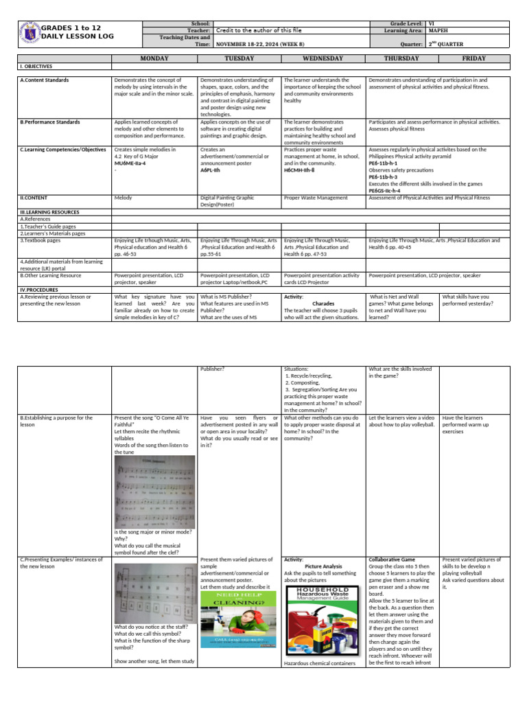 DLL_MAPEH 6_Q2_W8 | PDF | Learning | Teachers