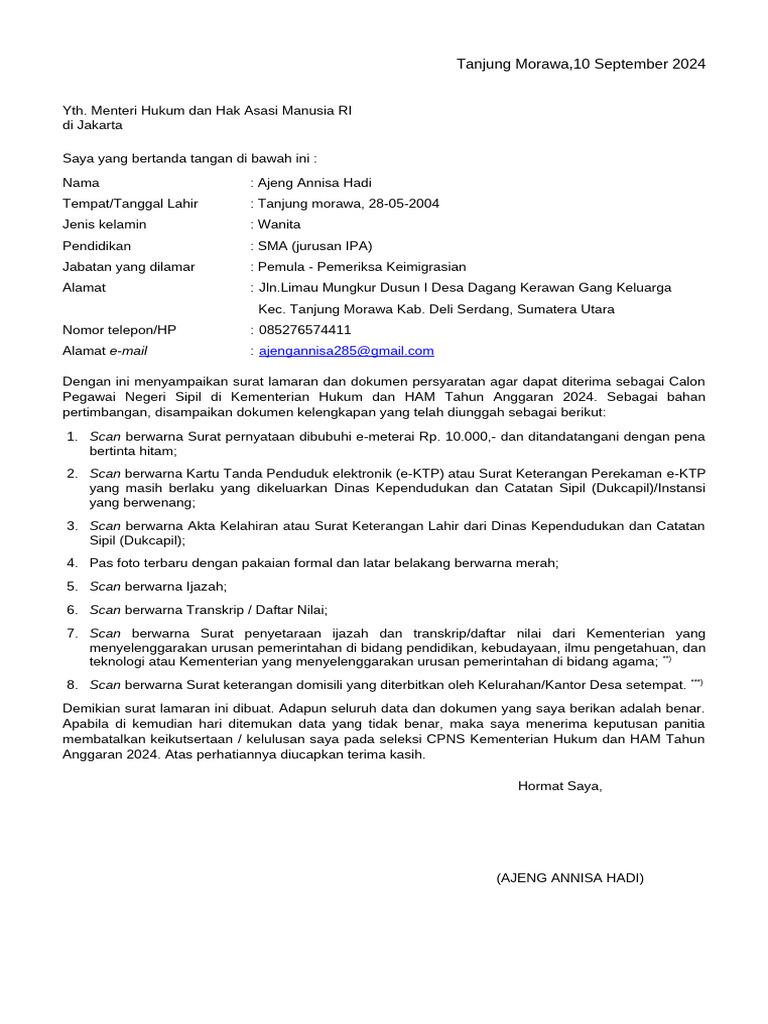 Surat Lamaran CPNS 2024 SLTA Ajeng | PDF