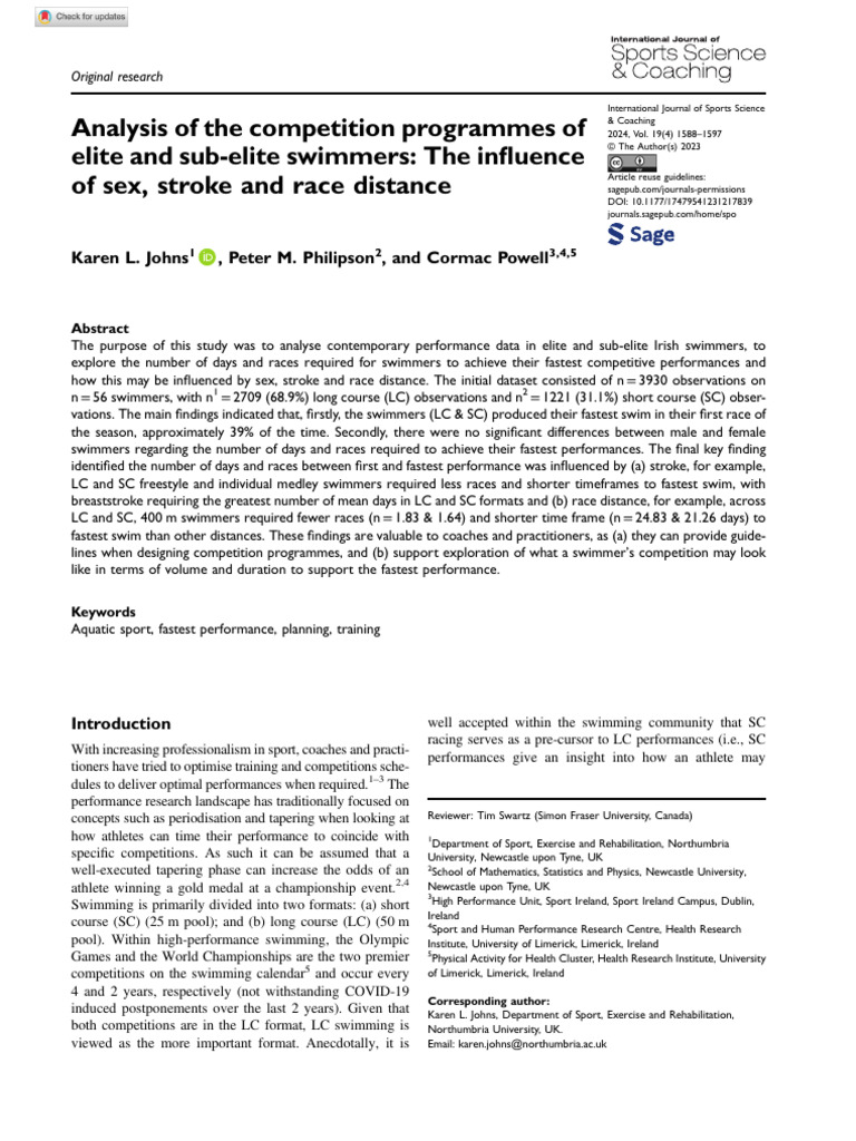 Johns Et Al 2023 Analysis of The Competition Programmes of Elite and Sub Elite Swimmers The ...