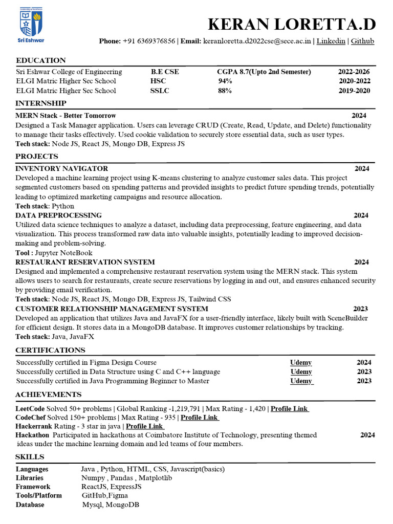 KeranLoretta RESUME (FINAL) | PDF | Java (Programming Language) | Databases