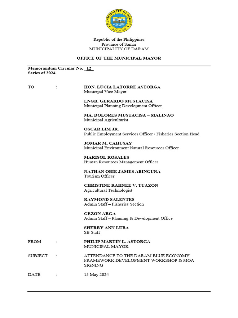 Memo 12s2024 Re Blue Economy Framework Workshop | PDF | Natural Environment | Economies