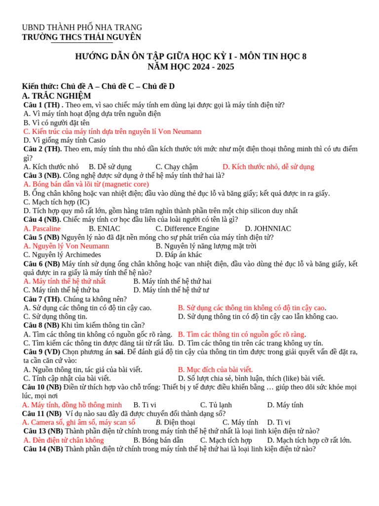 2024 - 2025 - Huong Dan On Tap - GK1 - Tin Hoc 8 | PDF