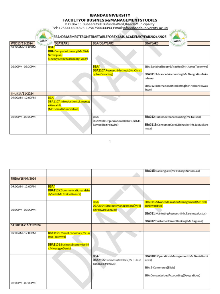 Semester One Draft Timetable For Exams 2024 | PDF