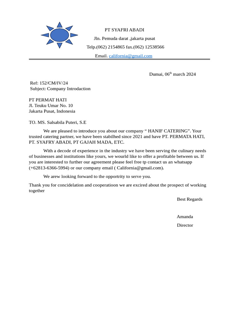 Hanif Catering Introduction Letter | PDF