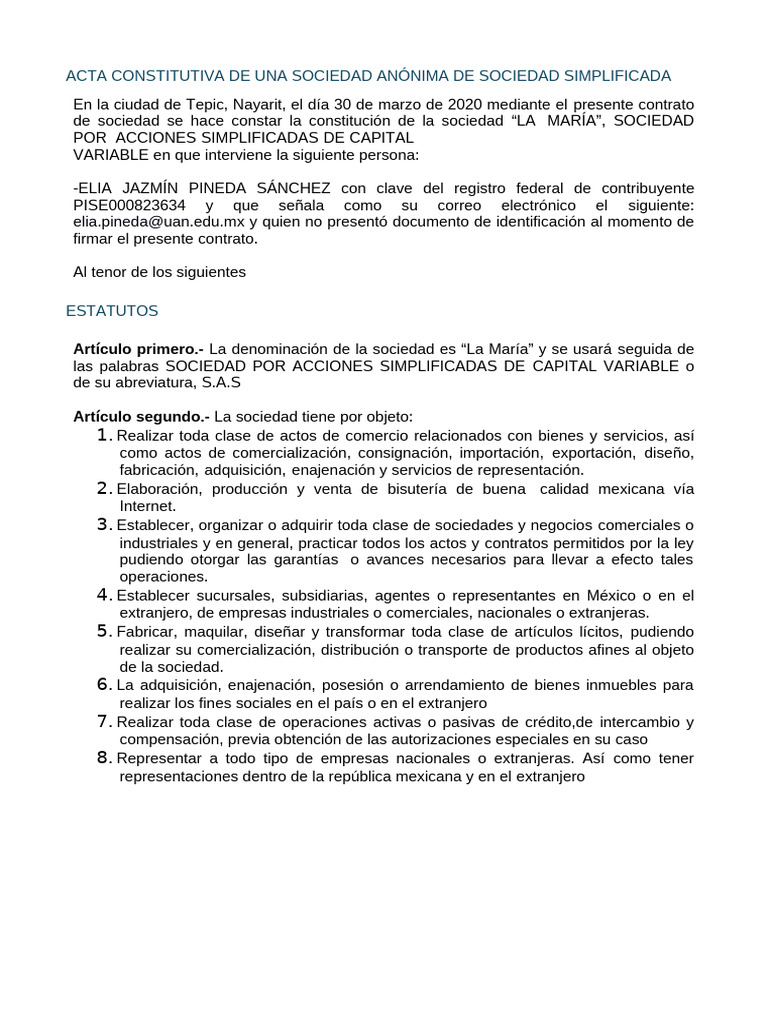 Acta Constitutiva de Una Sociedad Anónima de Sociedad Simplificada | PDF | Sociedad de ...